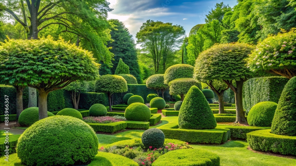 Vibrant green bush and tree crowns of varying shapes, ornamental shrubs ...