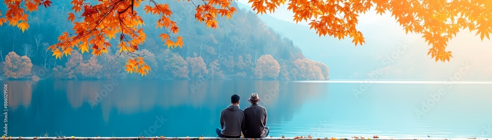 Two people sitting closely together on a park bench, sharing an ...