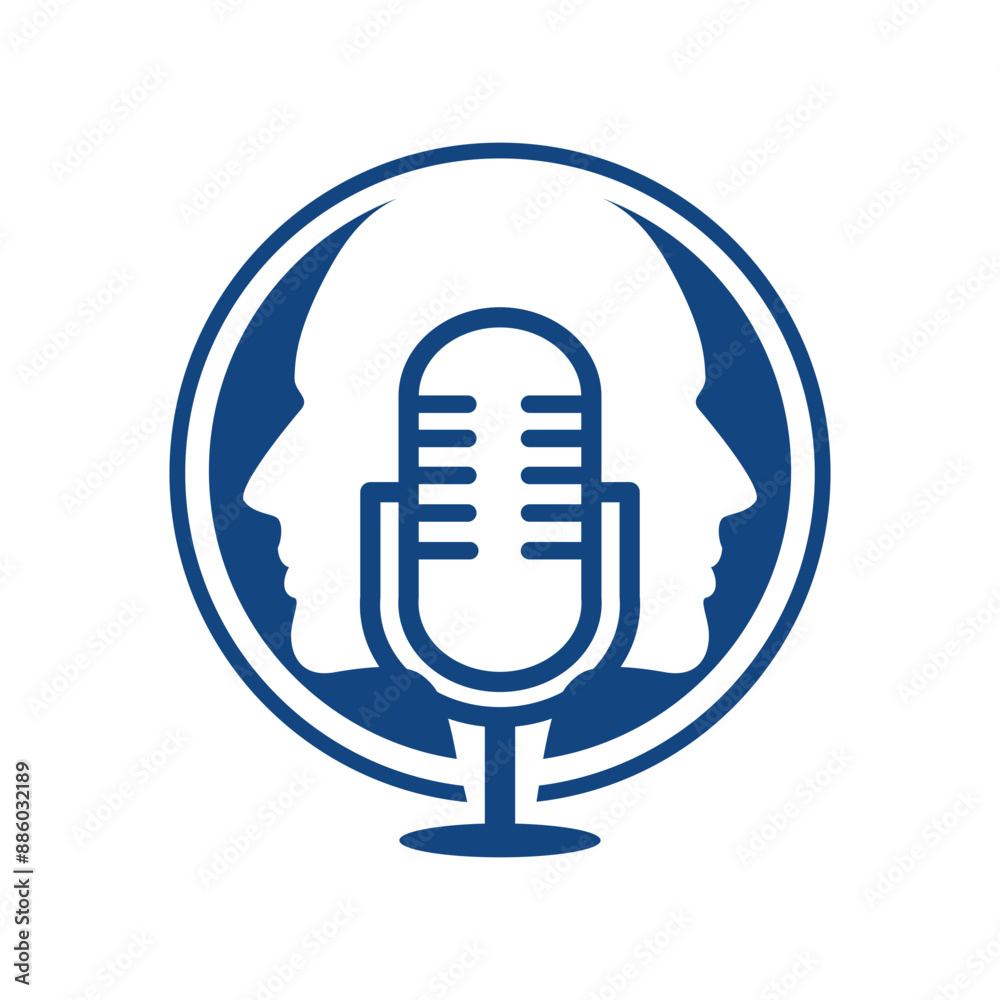 This is a simple podcast logo in blue color depicting two human faces ...