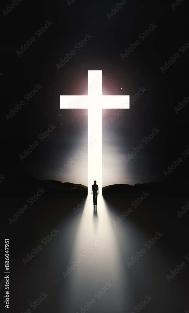 Christian, believer and heaven concept walking into the bright light of ...