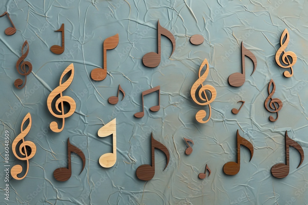 Detailed illustration of musical notes, clef symbols, and staff lines ...