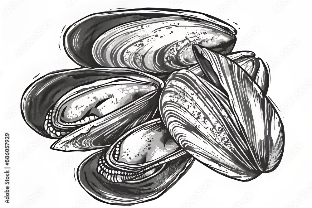 Black and white illustration of a cluster of opened and closed mussel ...