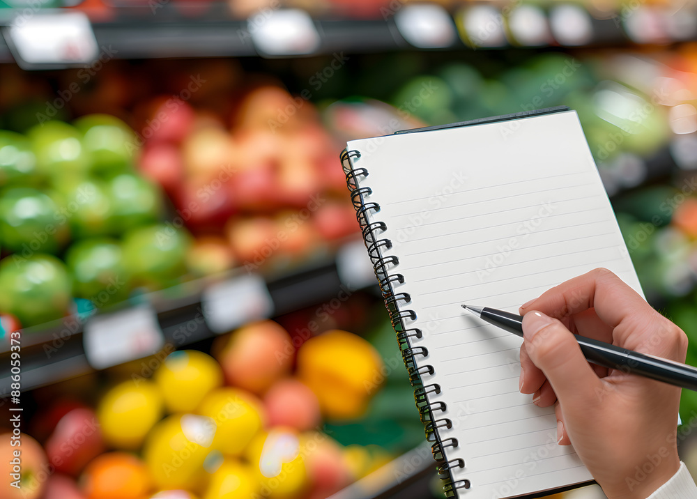 Person writing grocery list in notepad while standing in the produce ...