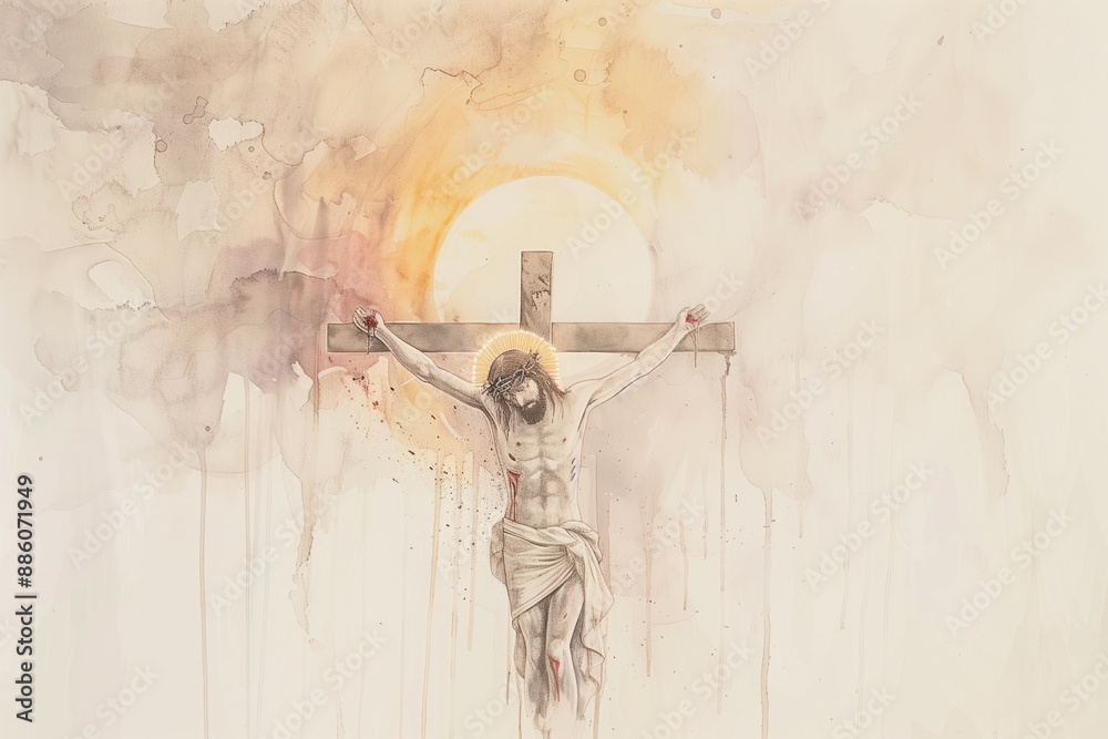 Jesus Christ crucified on a cross with pale yellow background ...