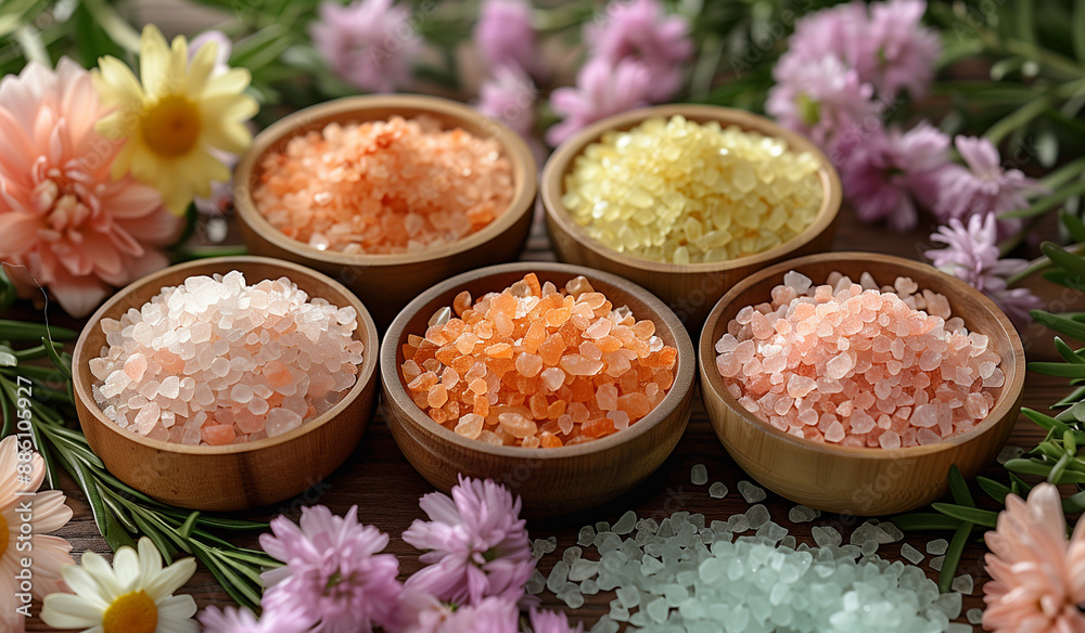 Natural precious salt spa still life with fresh flowers background ...