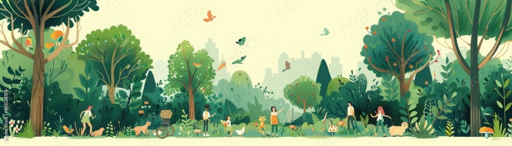 Forest ecosystem with wildlife and humans collecting and reusing ...