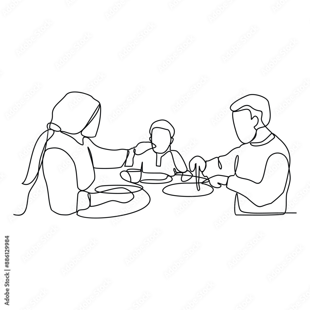 One continuous line drawing of family dining activities vector ...