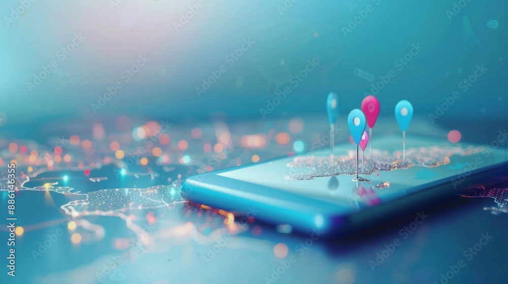 Smartphone with Map, 3D Map Pins, GPS, Navigator Checkpoints, 3D World ...