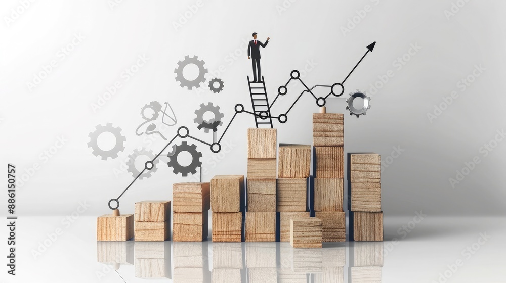 White background with wooden blocks, upward arrow, growth chart, and ...