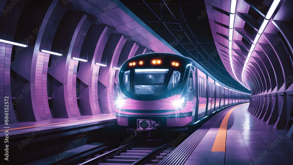 a futuristic subway train station, with a sleek, streamlined train on ...