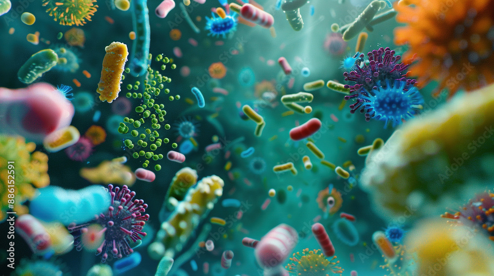 3D Illustration of Bacteriophage and Viruses. Colorful bacteria and ...