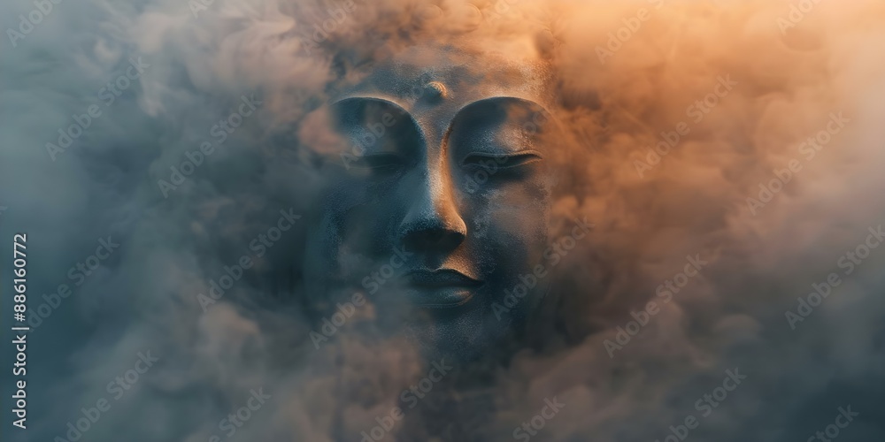 Revealing a peaceful visage amidst fiery ruins Uncovering an ancient ...