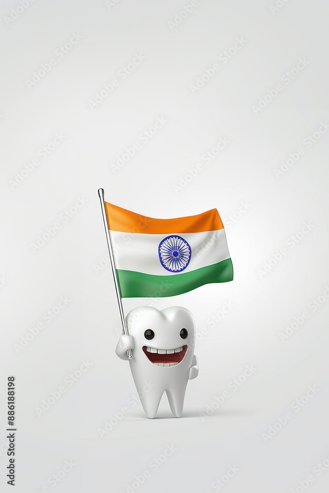 A 3d cute tooth character holding the indian flag isolated on white ...