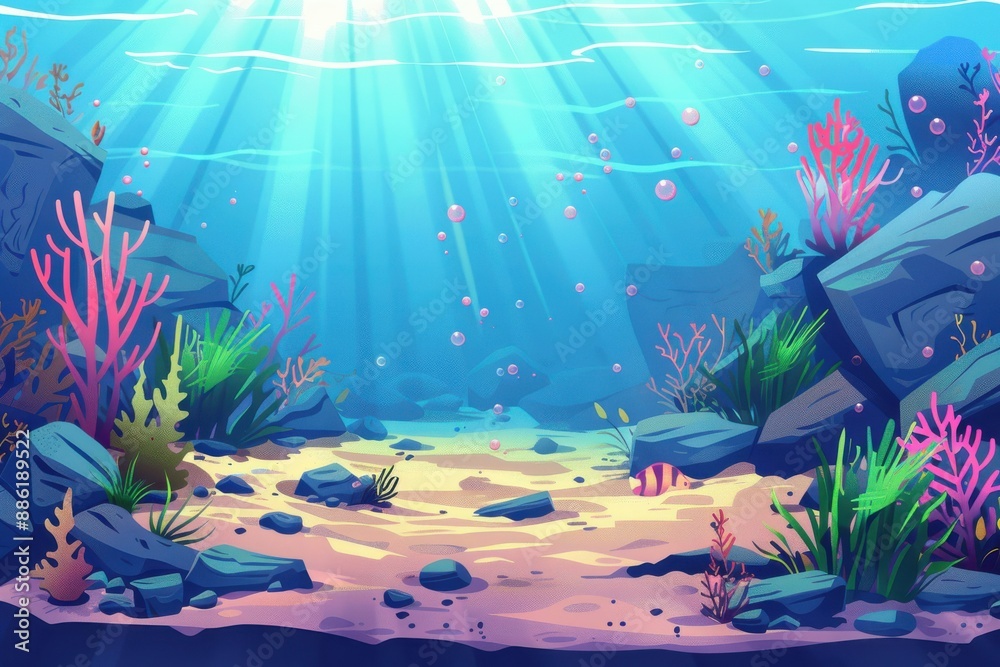 Modern illustrated cartoons of coral reefs, seaweed, and rocks on ocean ...