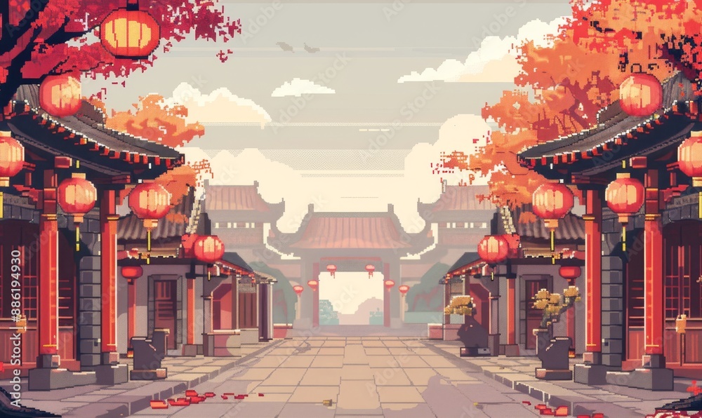 Pixel Art Chinese Street with Temple, Lanterns, and Trees, Celebrating Lunar New Year with 8-bit ...