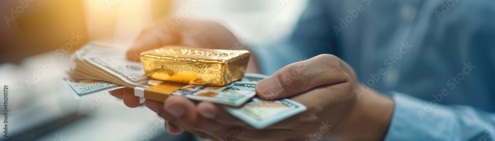 A businessperson handing over a gold bar in exchange for a stack of ...
