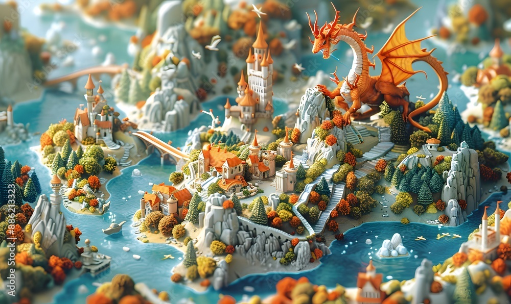 Playful 3D vector illustration of a fantasy world map with towering ...