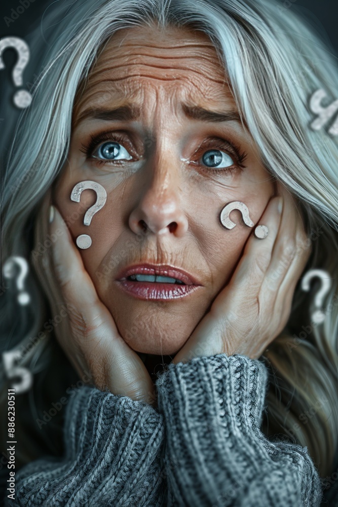 Worried And Confused Senior Woman With Question Marks, Concept Of Aging ...