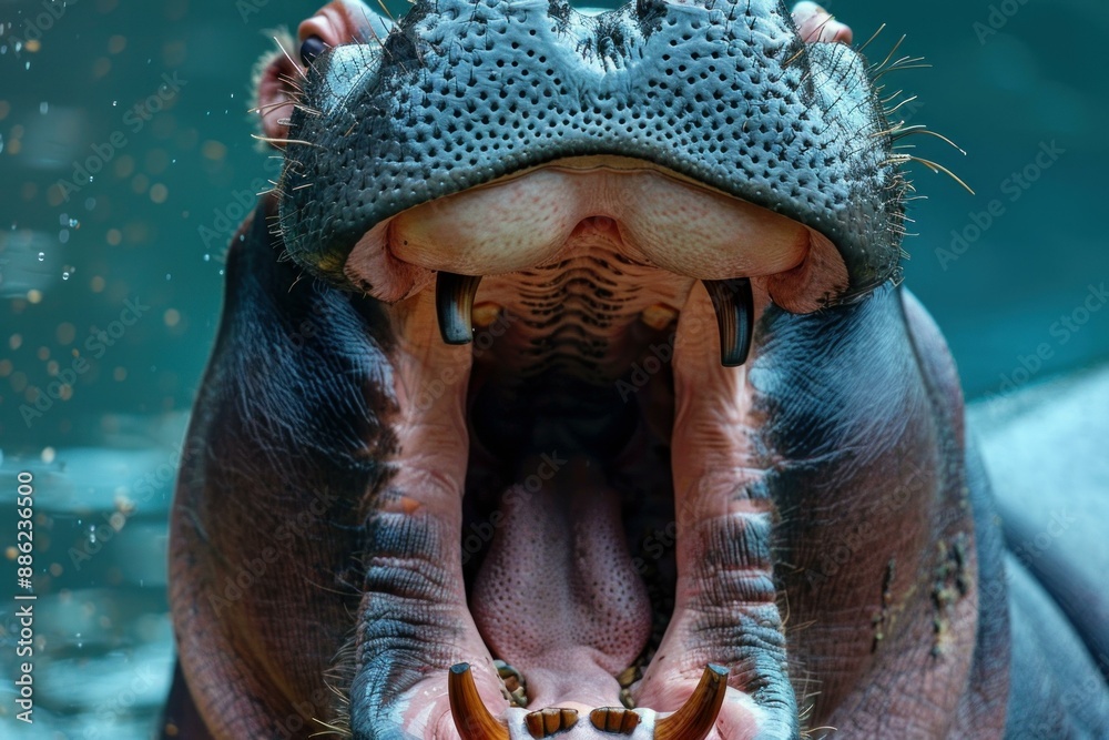 Hippopotamus opening its mouth wide, showing its huge teeth, inside its ...