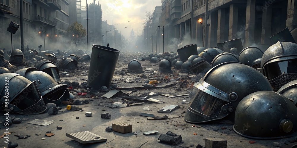 Abandoned riot police helmets and shields scattered on the street ...