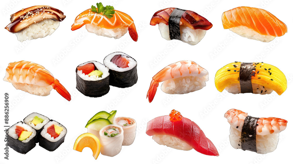 Large set of different types of maki sushi. Transparent background or ...