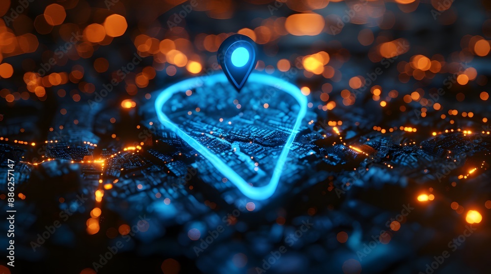 Abstract blue location point icon glowing on a city map, detailed ...
