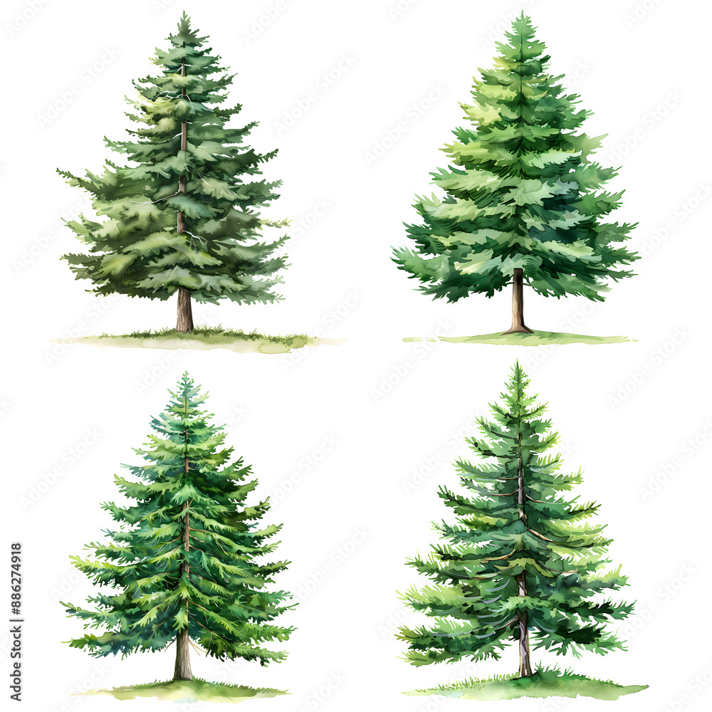 Trees front view, PNG, watercolor style vector tree, pine ...