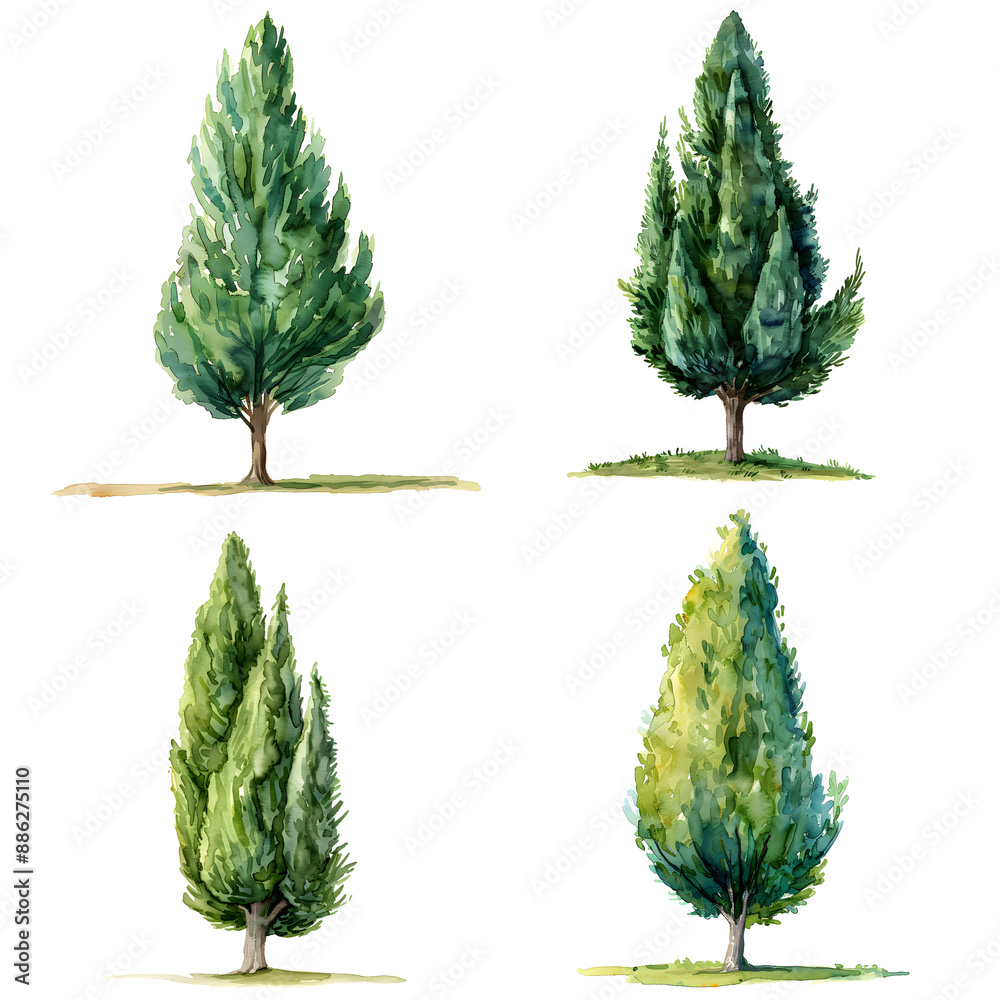 Trees front view, PNG, watercolor style vector tree, pine ...
