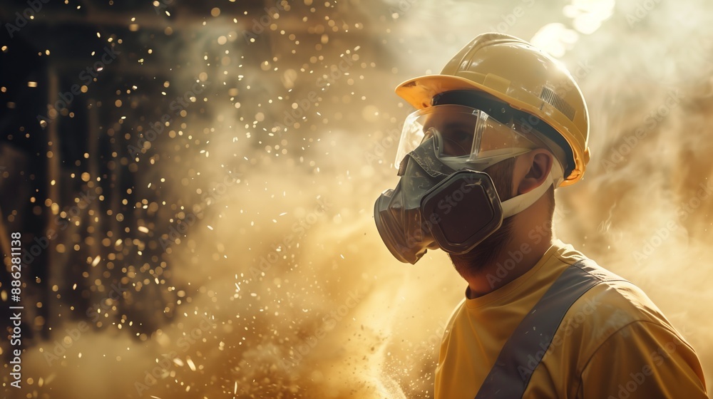 Construction worker wearing a hard hat and respirator mask, surrounded ...
