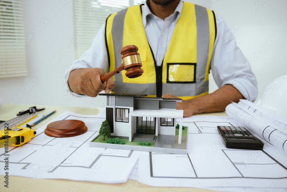 A judge with a gavel presides over a construction safety violation case ...