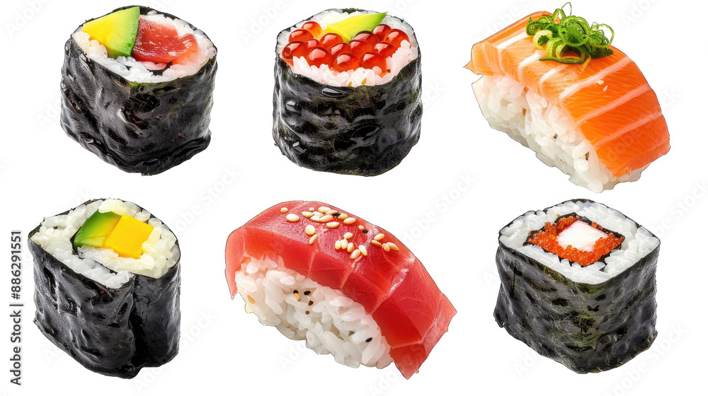 Foto de Stock Large set of different types of maki sushi. Transparent ...