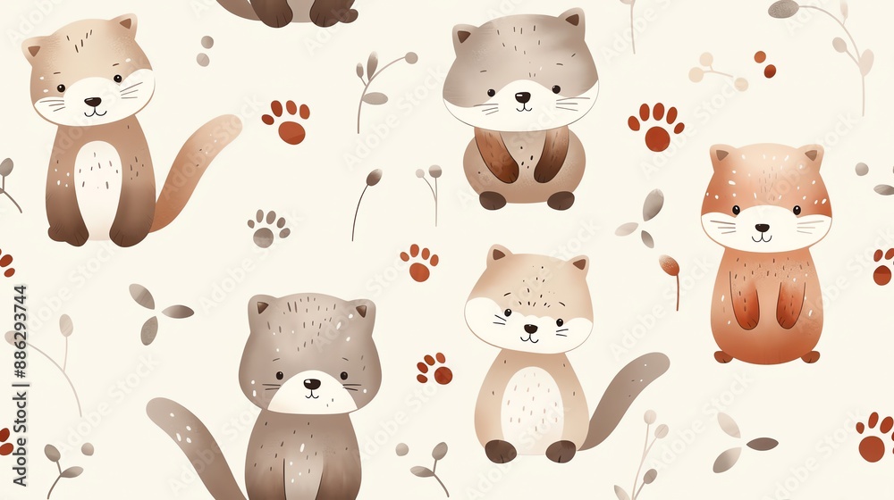 Seamless pattern of cute cartoon otters with leaves and paw prints on a ...