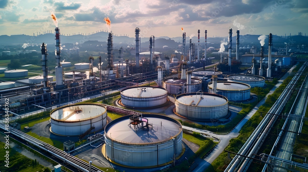 Oil and gas refinery with power plant and storage tanks, integrated ...