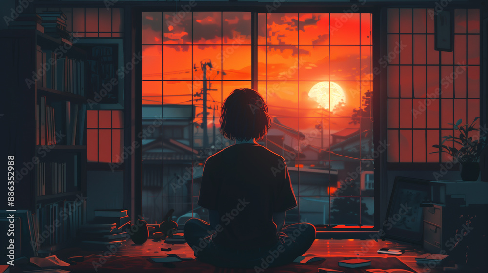 lofi or lo-fi style background, girl sit on the floor while watching ...