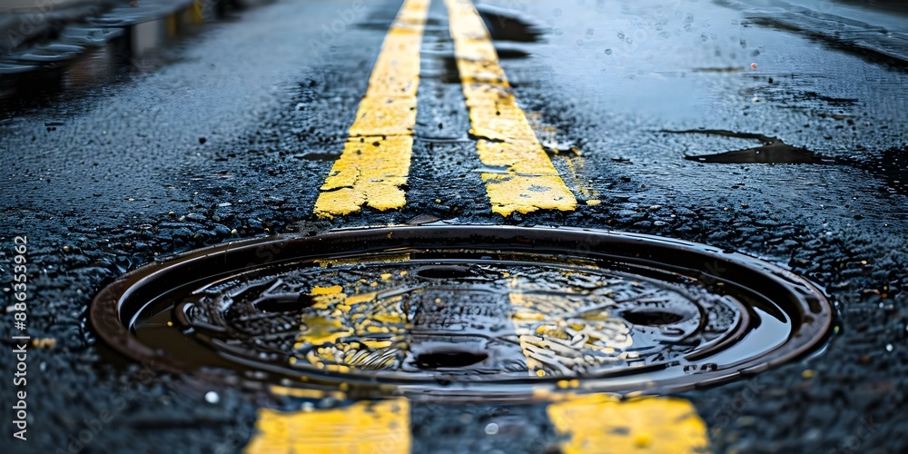 Manhole and stormwater system next to road with yellow markings ...