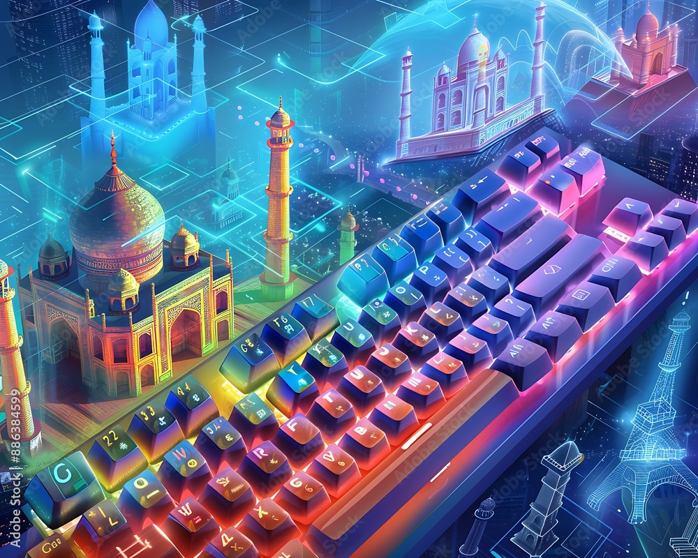 : A digital illustration of a keyboard with tricolor keys, surrounded ...