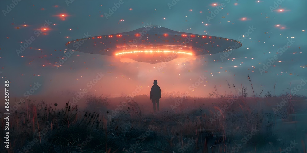 Close Encounter Alien Spaceship Hovers Over Man in Field at Night ...