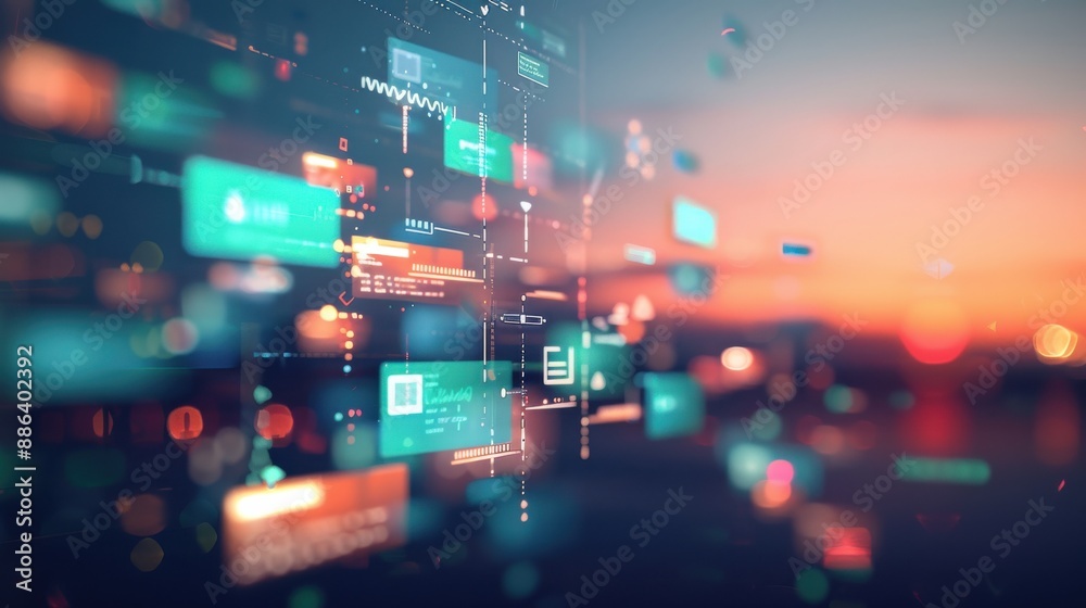 Abstract digital interface with floating data and technology icons ...