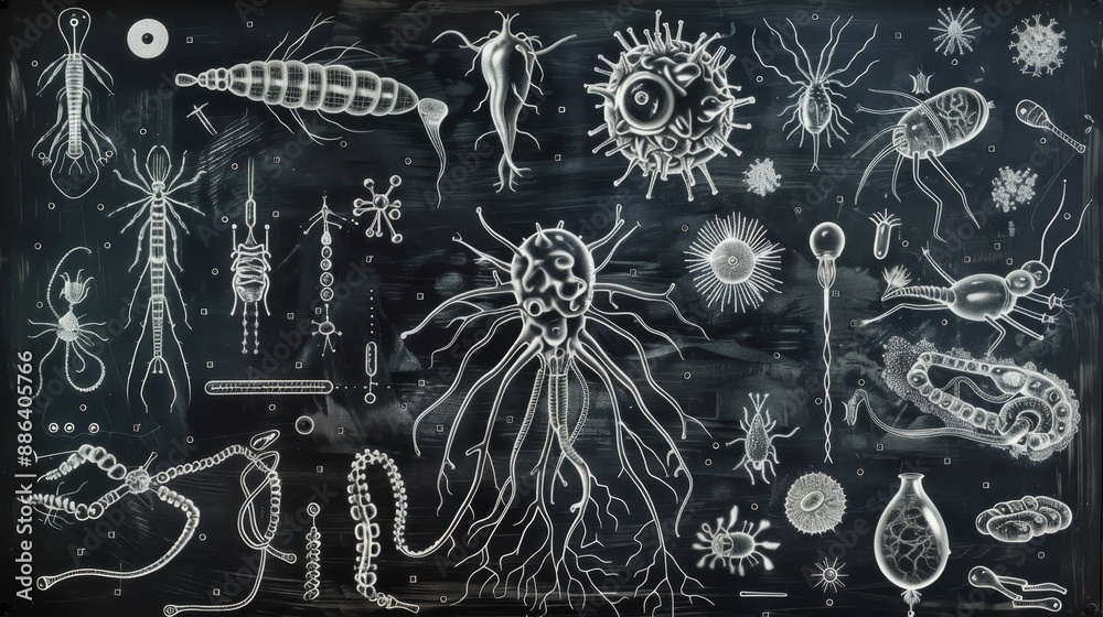 Chalkboard Drawing of Microscopic Organisms. Stock Photo | Adobe Stock
