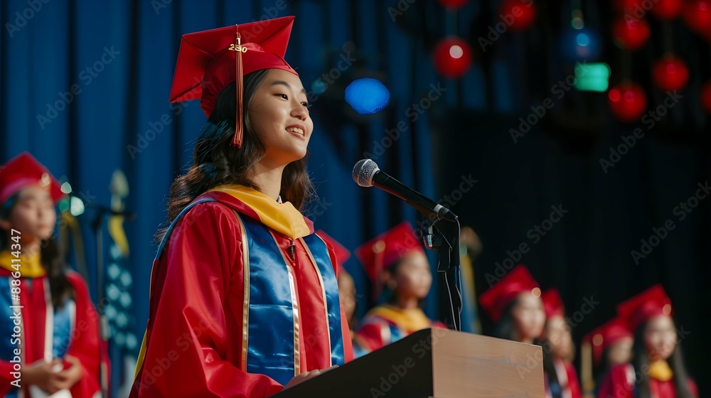 Valedictorian young student woman giving graduation speech to other ...