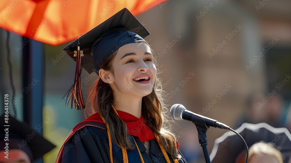 Valedictorian young student woman giving graduation speech to other ...
