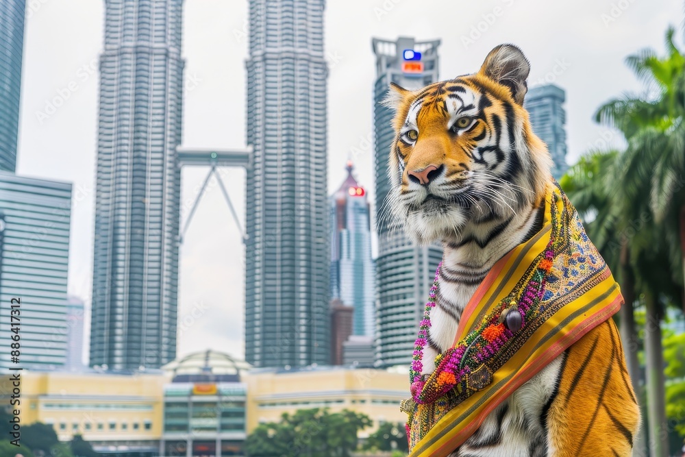 Majestic Malaysian Malayan Tiger in Traditional Malay Attire with Petronas Towers in Background ...