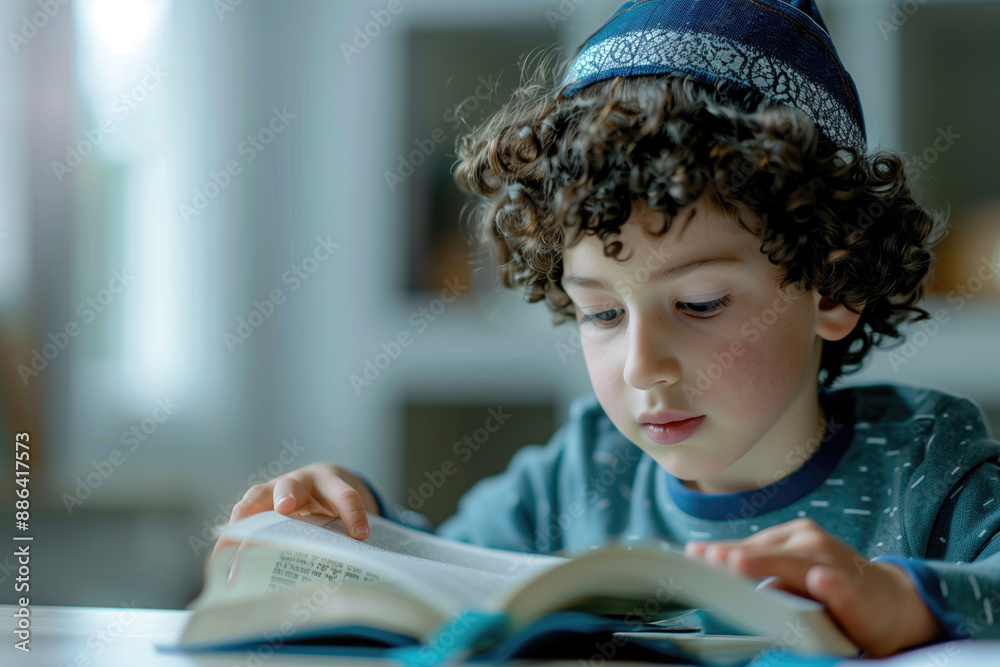 Young boy wearing kippah reading the Torah in a cozy home setting ...