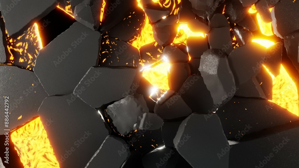 Dynamic 3D rendering showcases cracked rock formations and molten lava ...