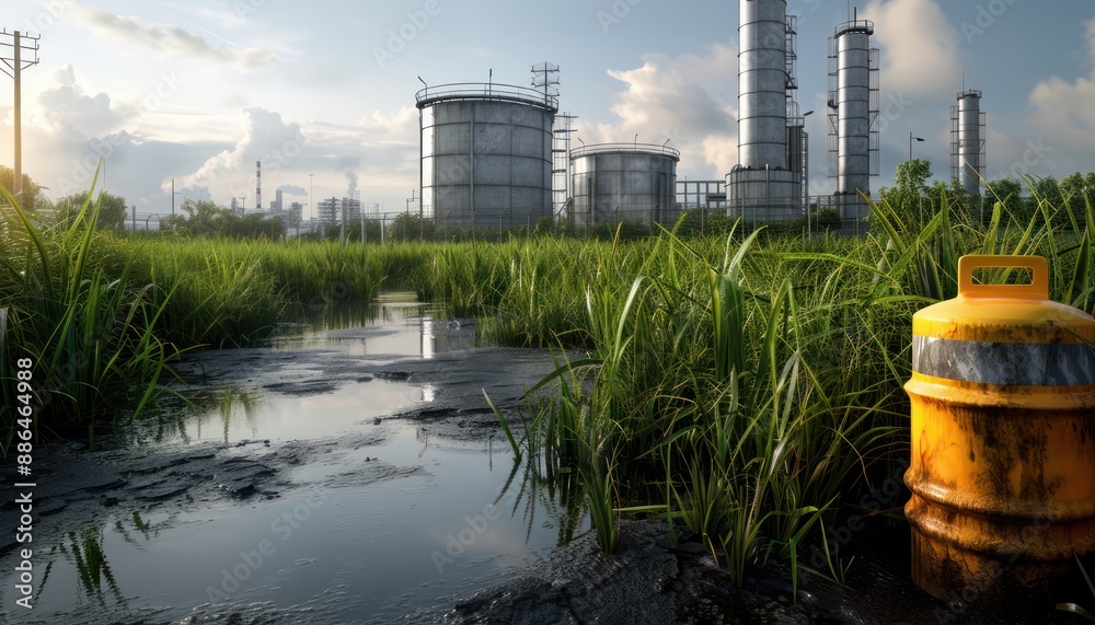 Foto de Stock Environmental Impact of Industrial Pollution Oil Spill in ...