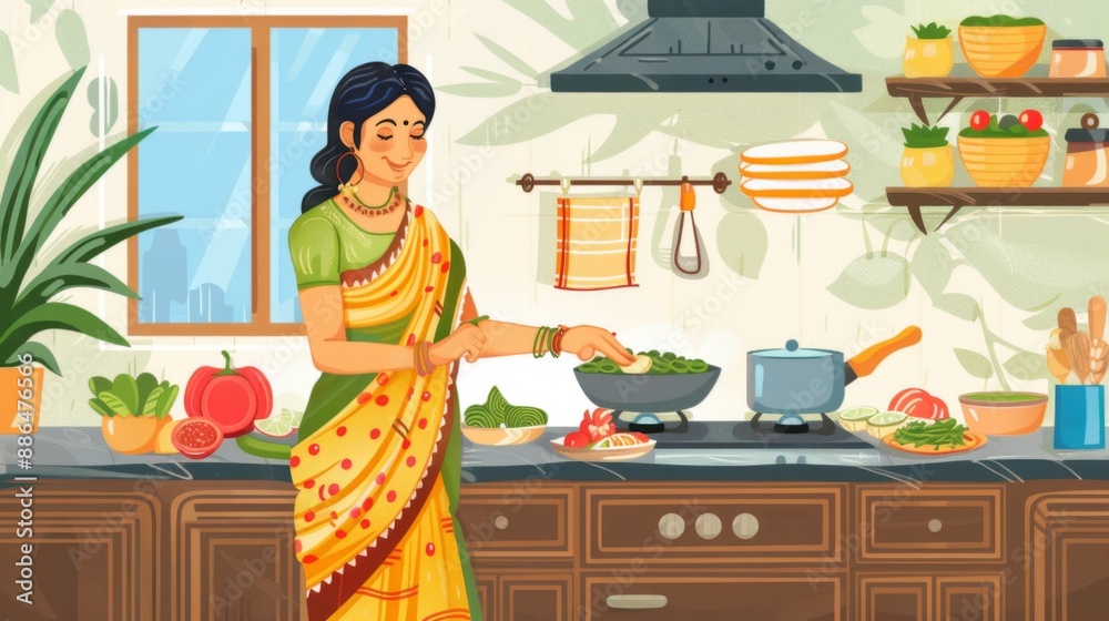 Indian woman or housewife cooking at kitchen Stock Illustration | Adobe ...