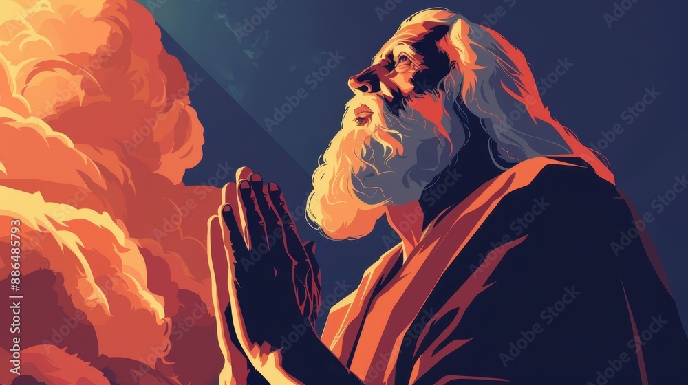 Exodus : Moses deep in intercessory prayer, detailed flat design ...