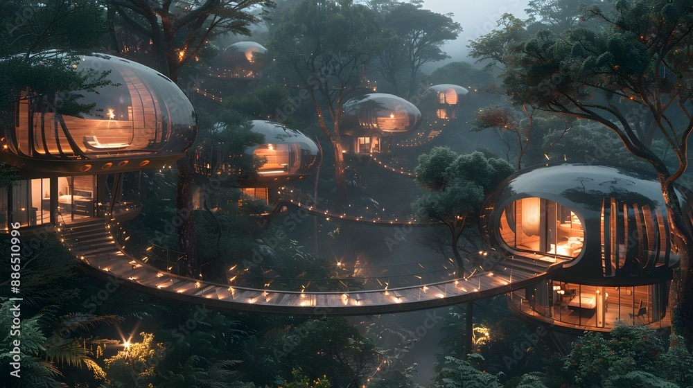 A futuristic treehouse resort nestled in a lush rainforest canopy ...