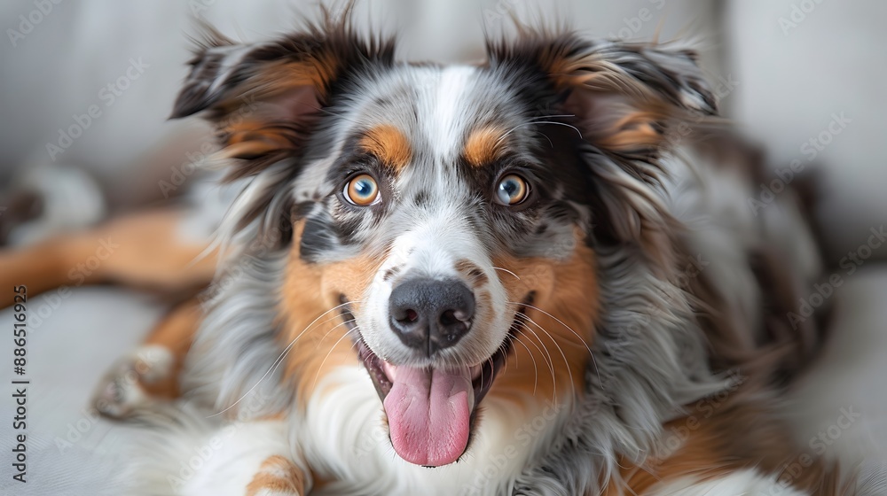 Australian Shepherd portrait, playful dog pose, paws outstretched ...