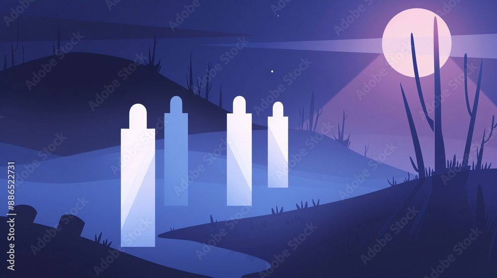 Phantom figures walking through a foggy graveyard at night, their forms ...